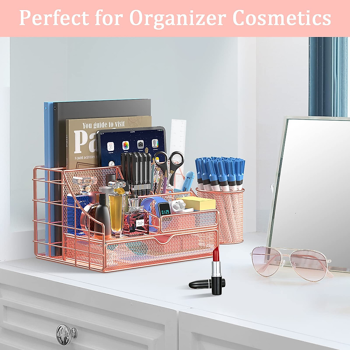 Rose Gold Desk Organizer and Accessories, Large Office Supplies Desk Organizer Caddy with Pen Holder, 6 Compartments + 72 Clips Set, Mesh Desktop Organizer with Drawer for Women, Office, School