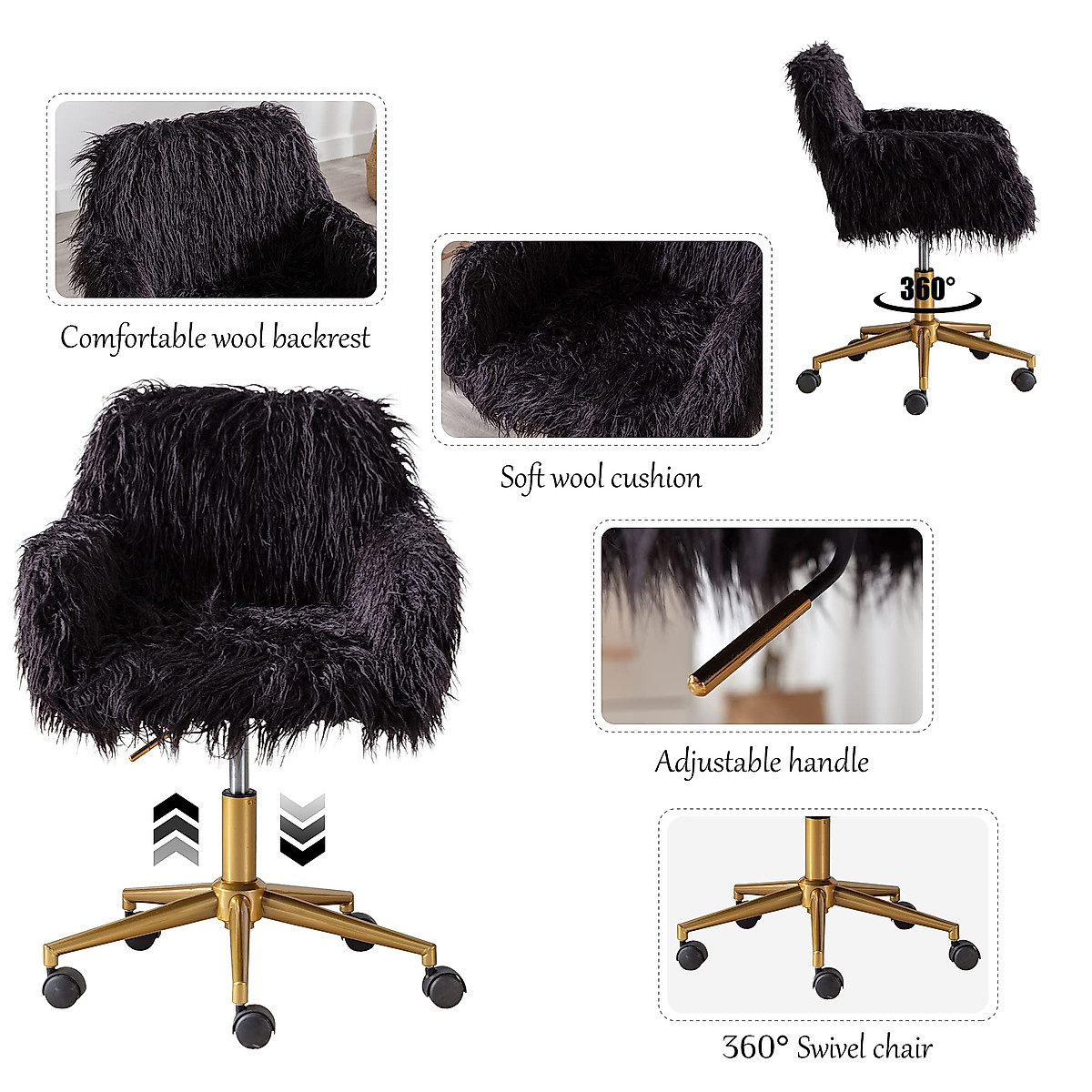 KCC Fluffy Office Desk Chair, Faux Fur Modern Swivel Armchair with Wheels, Soft Comfy Fuzzy Elegant Accent Makeup Vanity Chairs for Women Girls, Home Living Dressing Room Bedroom, Black
