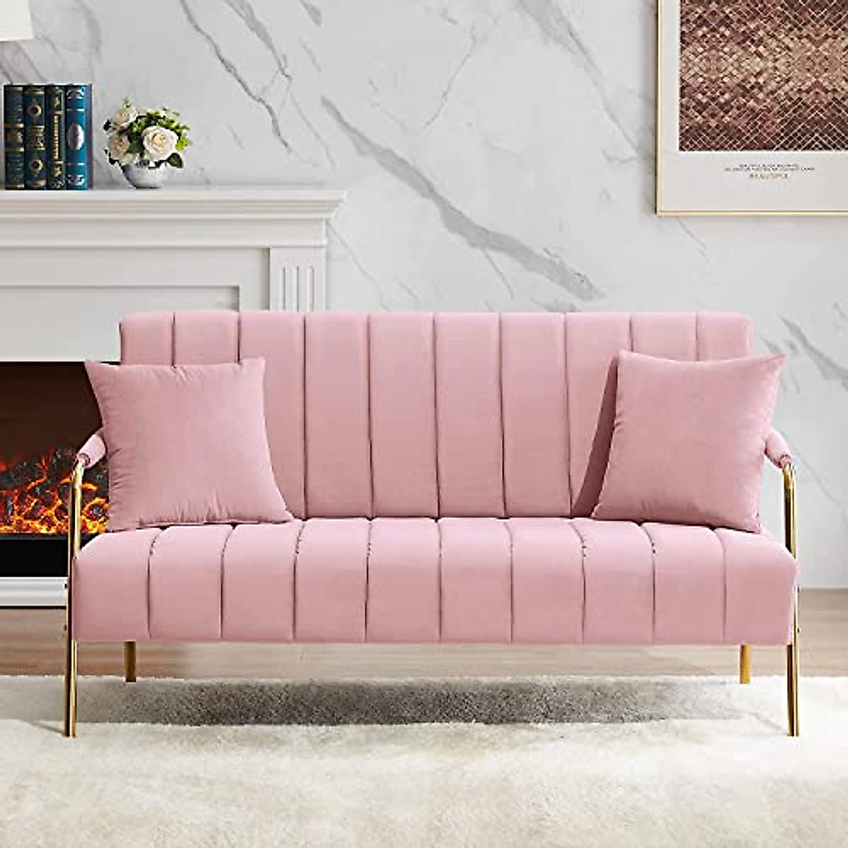 60" Contemporary Loveseat Sofa with 2 Pillows Modern Upholstered Twin Size Small Loveseat Couch Accent Sofa for Small Spaces Cashmere Sofa Couch with Golden Metal Legs for Bedroom Living Room (Pink)