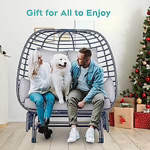 Outdoor Double Egg Chair Patio Chairs - 500lbs Capacity for 2 Person, Oversized Wicker Rocking Glider Chair with Steel Stand, Hand-Woven Lounge Chair Nest Loveseat for Indoor, Porch, Backyard, Balcony