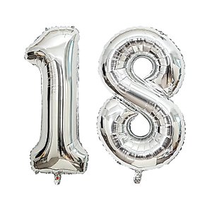 XLOOD Number 18 Balloons 32 inch Digital Balloon Alphabet 18 Birthday Balloons Digit 18 Helium Balloons Big Balloons for Birthday Party Supplies Wedding Bachelorette Bridal Shower, Silver Number 18th