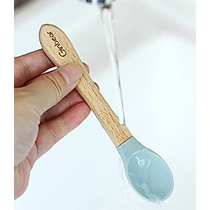 Ginbear Silicone Baby Spoon and Fork Set Self-feeding, Baby Flatware Sets, Toddler Feeding Utensils for Child 6 Months+ (Hazy Green/Almond)