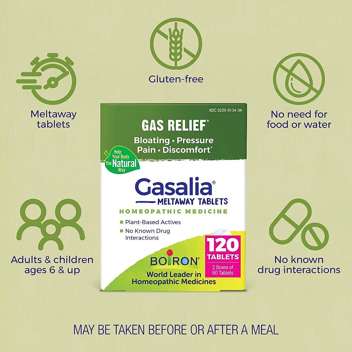 Boiron Gasalia Tablets for Relief from Gas Pressure, Abdominal Pain, Bloating, and Discomfort - 120 Count (2 Pack 60)