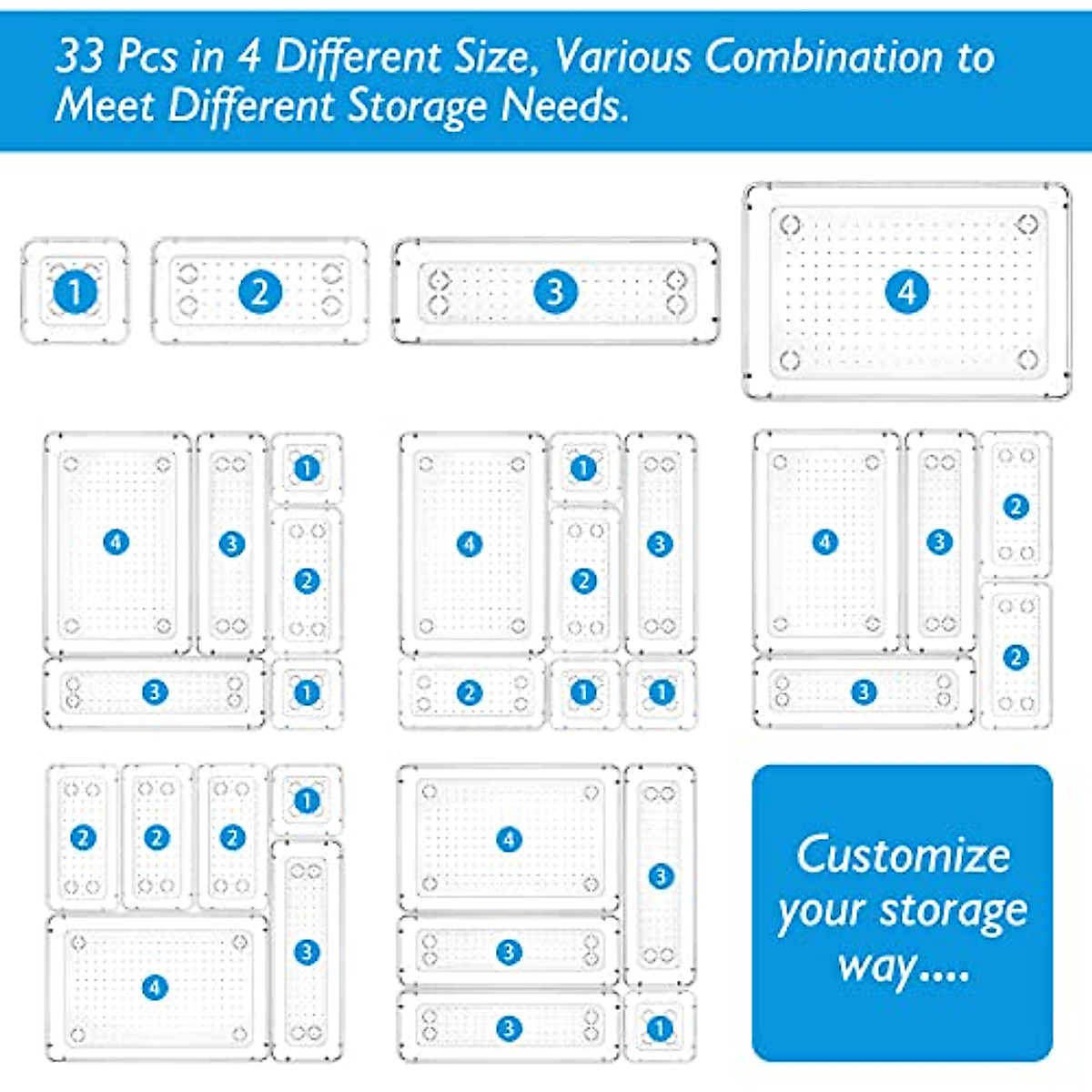 Fixwal 33 PCS Clear Drawer Organizer Set, 4-Size Plastic Drawer Organizers Trays Bathroom Organizers Dresser Storage Bins Separation Box for Makeup, Jewelries, Gadgets, Bathroom, Office, Bedroom.