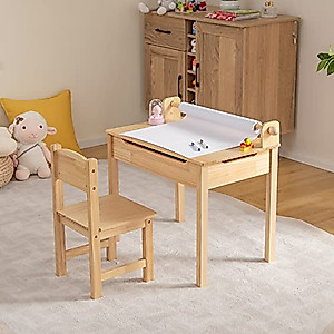 HONEY JOY Kids Activity Table Set with Paper Roll Holder and Pen Slot, 21" x 13.5" x 7", Natural 1