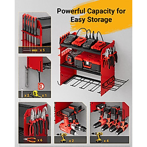 Dunatou Adjustable Power Tool Organizer Wall Mount with Charging Station, 6 Drill Holder & 4 Outlet, Wood Garage Tool Organizer Wall Mount Power Tool Rack with Hooks, Gift for Men