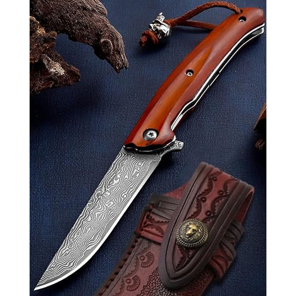 Omesio Damascus Folding Pocket Knife with Leather Sheath, Handcrafted 5-Inch Damascus Steel Hunting Knife with Vg10 Core, Wooden Handle, EDC Japanese Knife with Liner Lock for Outdoor Survival Camping