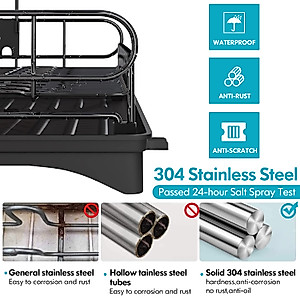 BOOSINY Dish Drying Rack for Kitchen Counter, 2 Tier Large Dish Drainer with Drainboard Set, Cutlery Holder, Cutting Board Holder and Extra Dryer Mat (Black - 304 Stainless Steel)