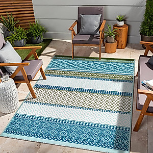 Collive Indoor Outdoor Rug 4'x6', Tribe Machine Washable Rug,Non-Shedding Reversible Carpet for Living Room, Dining Room, Patio Clearance, Deck, Front Porch - Teal