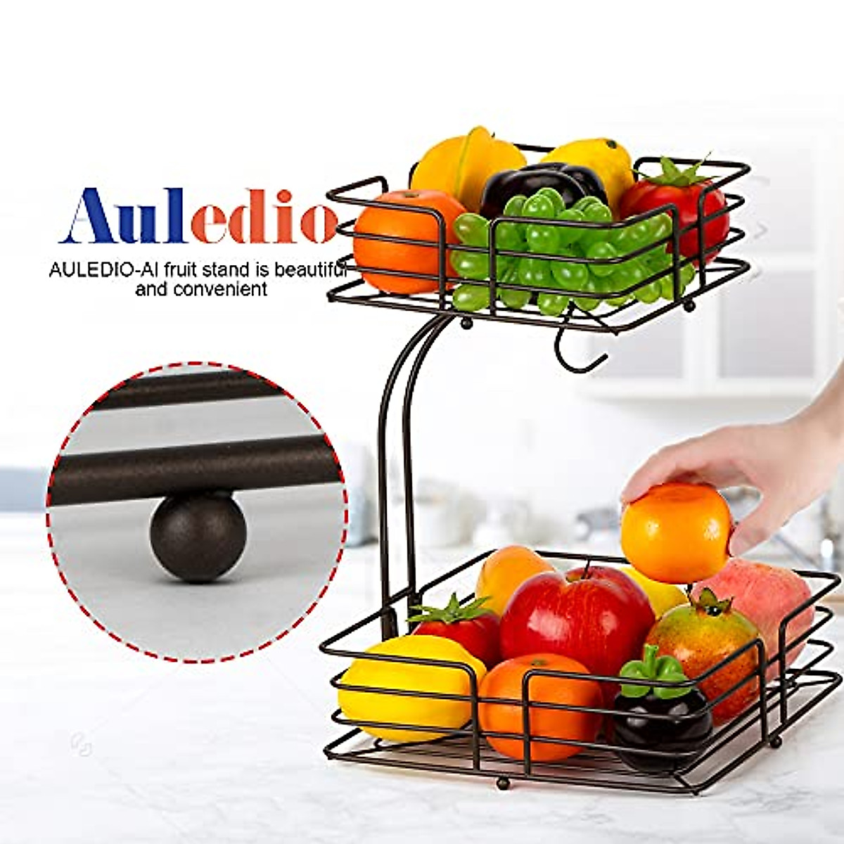 Auledio GGG-123 2-Tier Square Countertop Fruit Vegetables Basket Bowl Storage With Banana Hanger, Brone, 1 PACK