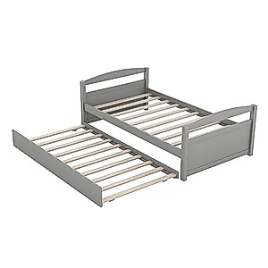LLS Twin Size Daybed with Trundle, Solid Wood Daybed Frame with Headboard and Footboard, Space Saving Platform Bed Sofa Bed with Sturdy Slats Support, No Box Spring Needed, Gray