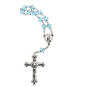 One Decade Auto Rosary made w/Aquamarine Blue Austrian Crystals (March) - Communion, Confirmation, RCIA, Birthday & more