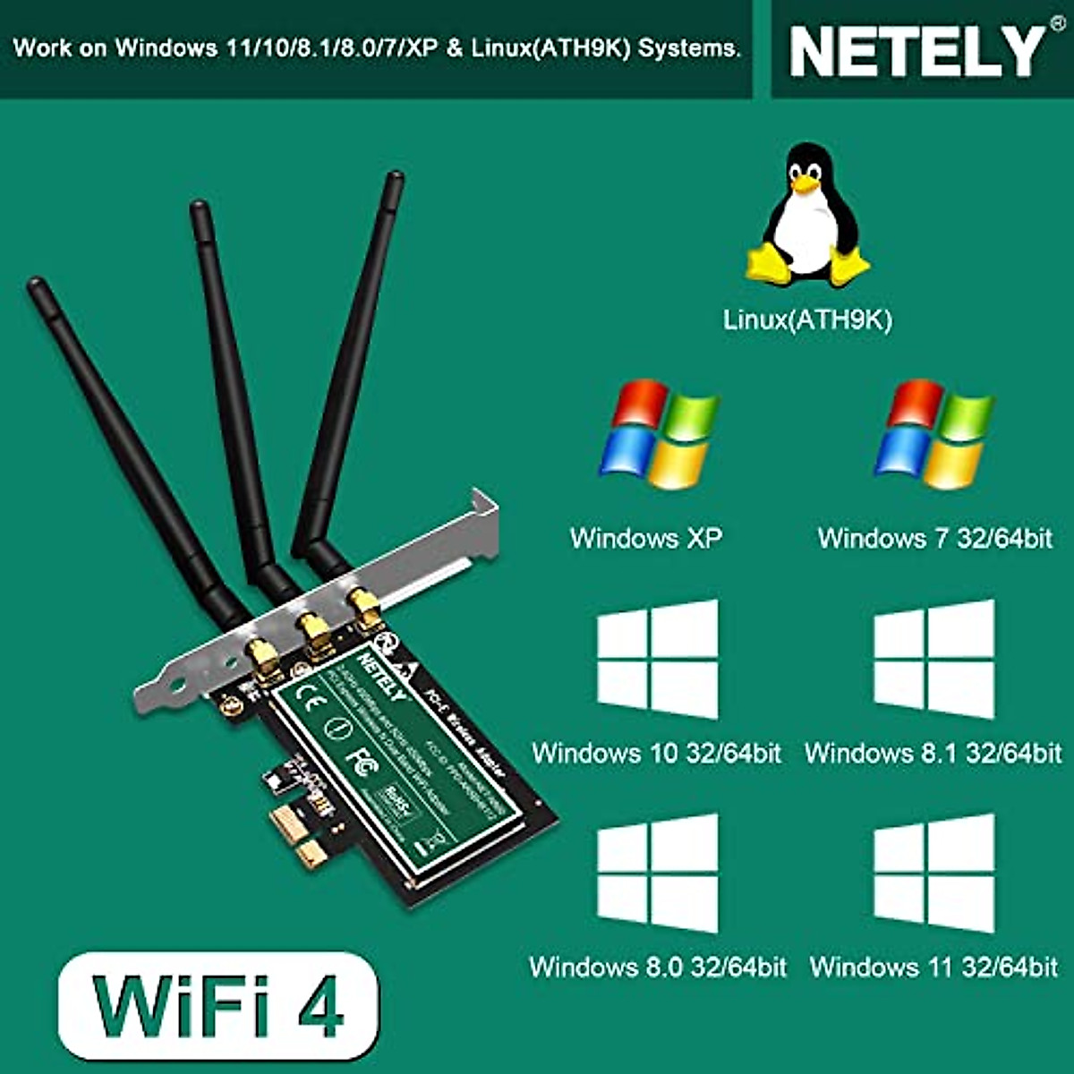 NETELY Wireless Dual Band 900Mbps PCI Express (PCIE) WiFi Adapter for Windows 7, 8.x, 10, 11 32/64bit and Linux Desktop PCs, PCIE WiFi Card, Qualcomm Atheros AR938X Wireless Network Adapter (NET-N900)