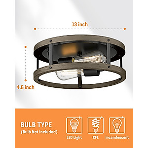 EAPUDUN Farmhouse Flush Mount Ceiling Light, 13" Imitation Wood 2-Light Fixture, Retro Style Lamp for Hallway, Entryway, Bedroom, Kitchen, Dining Room (FMA1138-FBDT)