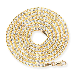 Nuragold 14k Yellow Gold Solid 4mm Cuban Chain Curb Link Diamond Cut Pave Two Tone Pendant Necklace, Mens Womens Jewelry 16" 18" 20" 22" 24" 26" 28" 30"