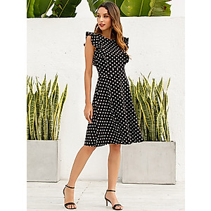 YATHON Women's Vintage Ruffle Floral Flared A Line Swing Casual Cocktail Party Dresses (S, YT001-Black Dot)