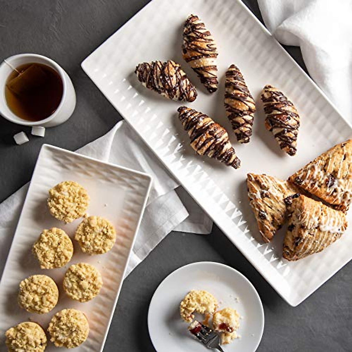 Roscher White Porcelain Serving Platter Set w Pure Pattern (2-Pack) Small and Large Kitchen and Dining Decorative Plates and Room Decor Classic Farmhouse Style (Diamond)