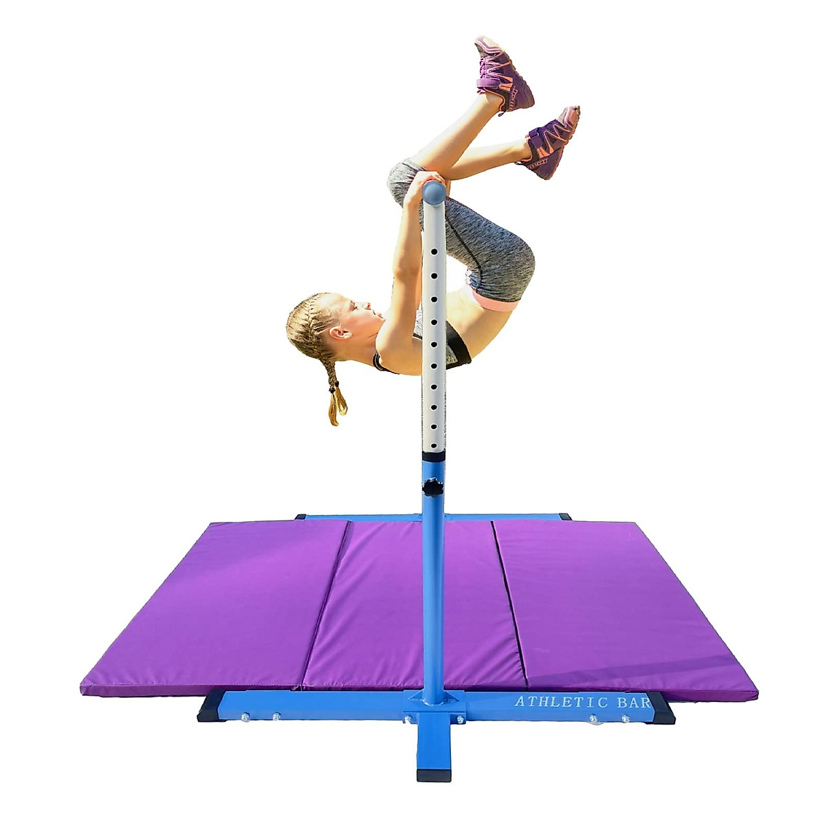 Athletic Bar Expandable Gymnastics Kip Bar 3 in 1 Set with 8 FT Adjustable Balance Tube, 6'x4' Mat for Kids, Horizontal Bar Junior Gymnastic Training Adjustable 3-5 FT Gymnast Asymmetric Bar Blue