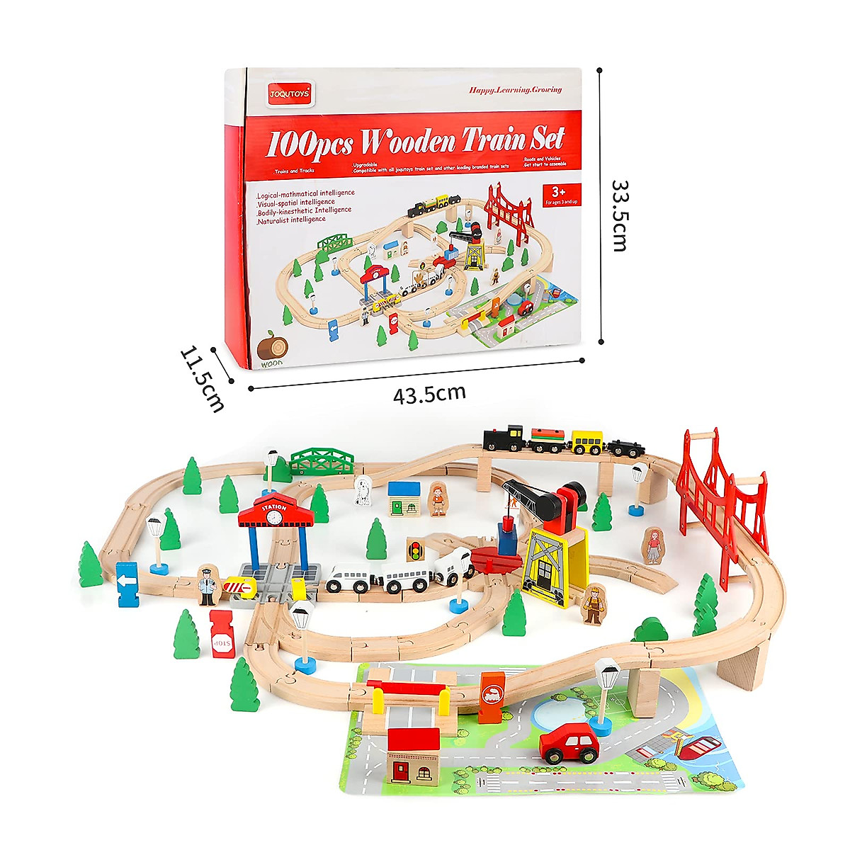 Joqutoys Wooden Train Set, 100 Pieces Toy Train Set for Toddlers 3+ Years Old, Train Tracks Toys with Tower Crane & Suspension Bridge, Fits All Major Brands