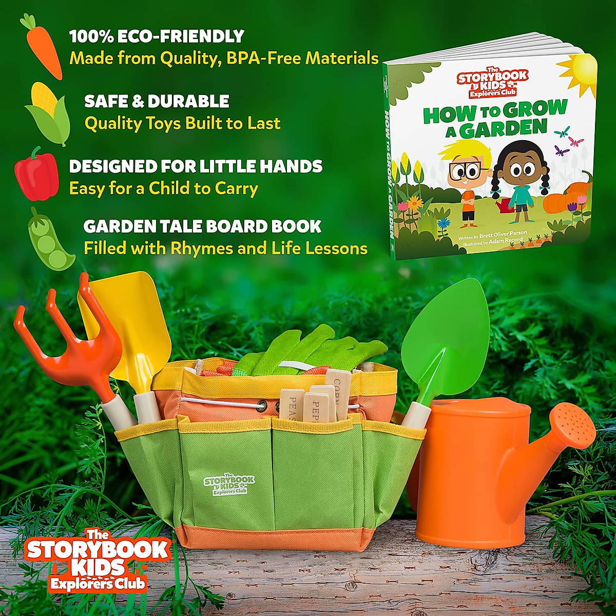 Matching Board Book - Green Kids Gardening Tools Set Includes Sturdy Tote Bag, Watering Can, Shovel, Rake, and Trowel - Garden Storybook - Kids Garden Tools- Easter Gifts for Toddler Age on up.