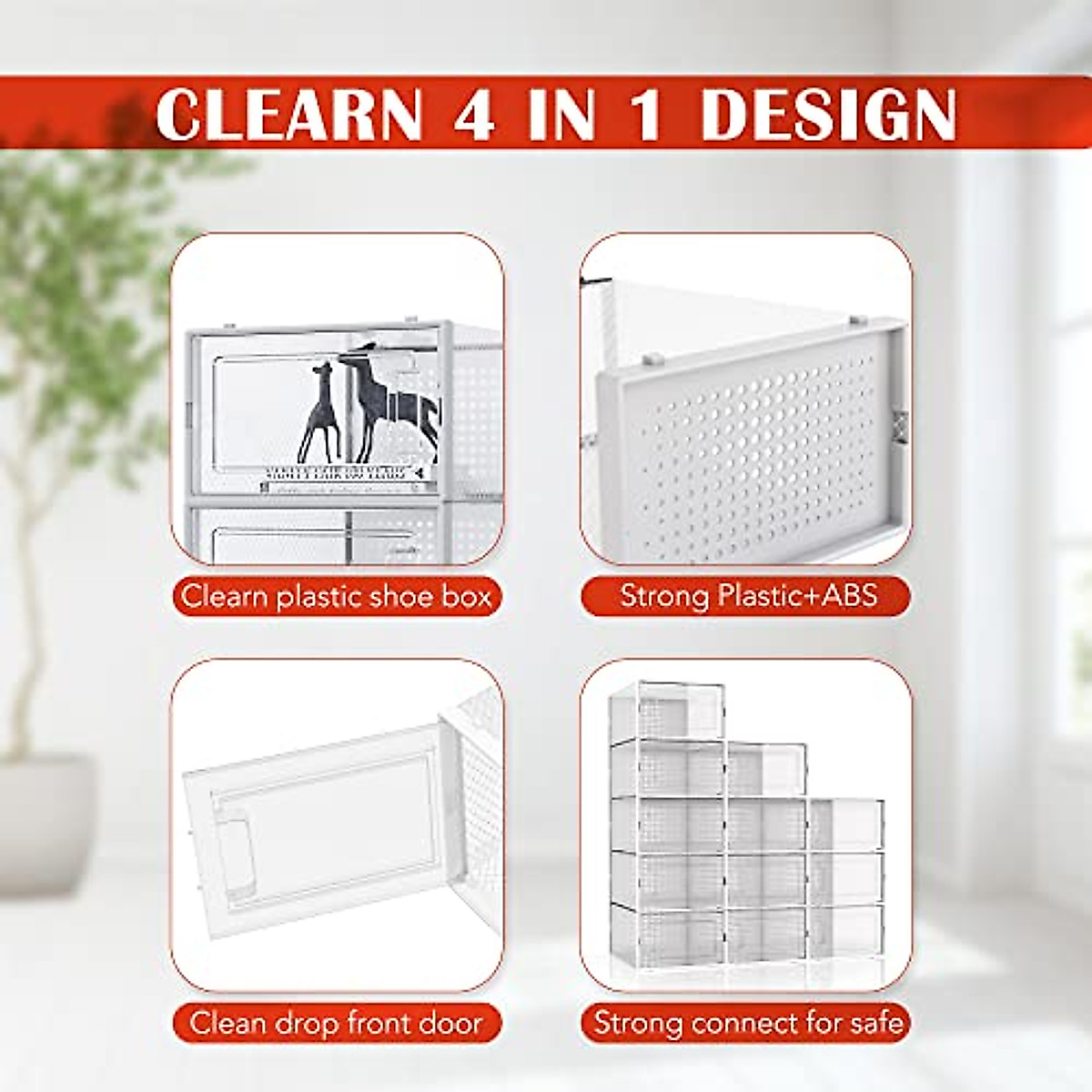 Stackable Shoe Storage Boxes, WAYTRIM 12 Pack Shoe Organizer for Closet Shoe Boxes Clear Plastic Stackable Shoe Bins Space Saving Sneaker Storage Boxes Drop Front Shoe Container Bins Fit to Size 10 - Clear White