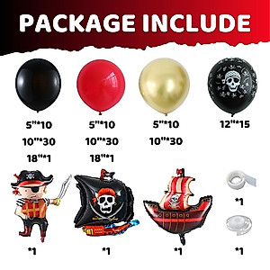 Pirate Ship Party Decorations, 142PCS Red Black Metallic Gold Balloon Arch Garland Kit with Pirate Ship Foil Mylar Balloon for Boys Birthday Ocean Pirate Theme Baby Shower Party Decoration Supplies