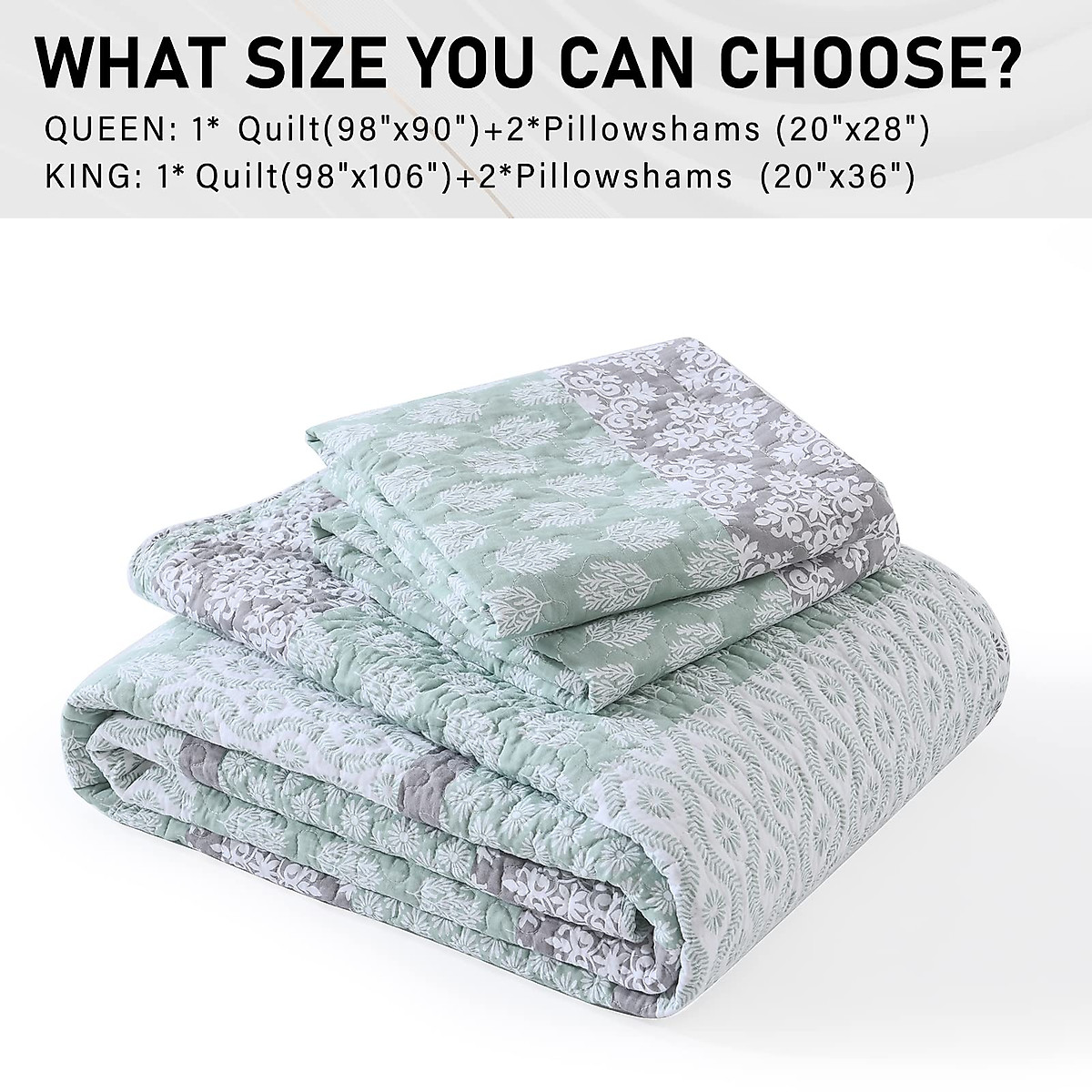 PERHOM Queen Size Quilt Set - 100% Long-Staple Cotton Floral Quilt, Reversible Patchwork Lightweight Comforter Bed Spread for All Season, Green/Gray