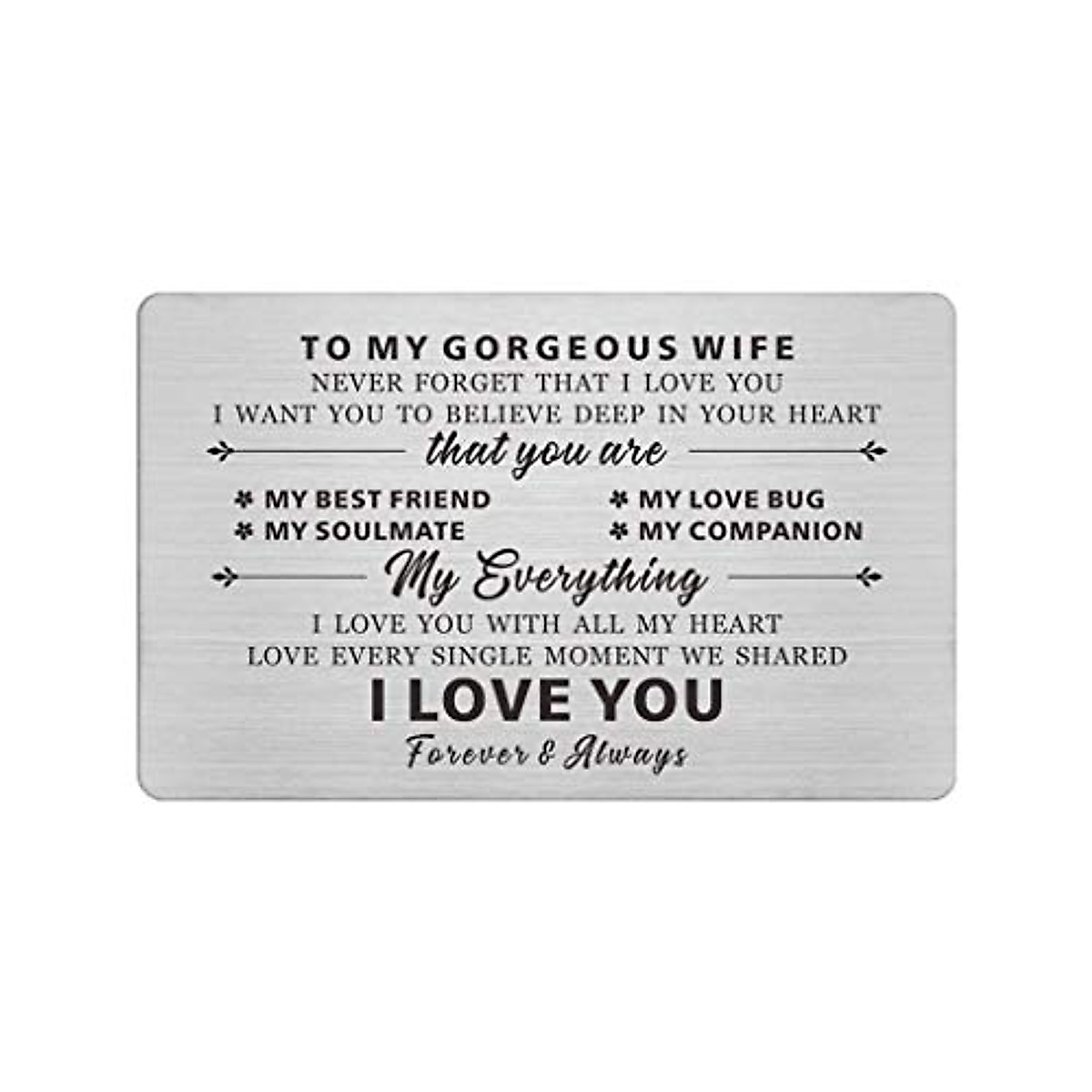 Resdink To My Gorgeous Wife, Engraved Wallet Cards for wife, Love Gifts for Wife, Anniversary Present Card for Wife Her, I Love You With All My Heart, Wife Gift from Husband, Birthday Valentines