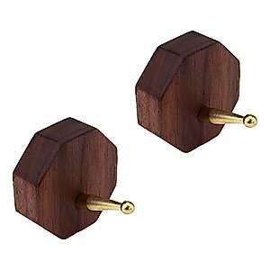 Antrader 2 Pack Coat Hooks,Wooden Wall Hooks,Heavy Duty Decorative Wall Hanger with Gold Peg for Hanging Clothes,Hats, Keys,Octagon Shape Wall Hooks,Black Walnut
