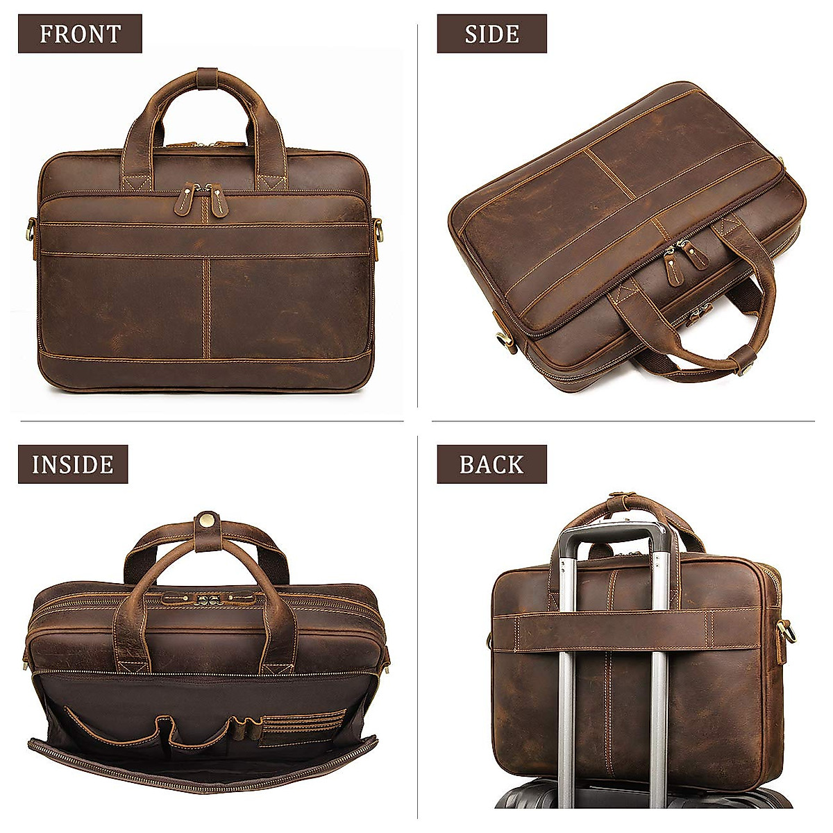 Augus Leather Messenger Bag for Men Vintage Travel Backpack 15.6 inch laptop Briefcase Shoulder Bags With YKK Metal Zipper