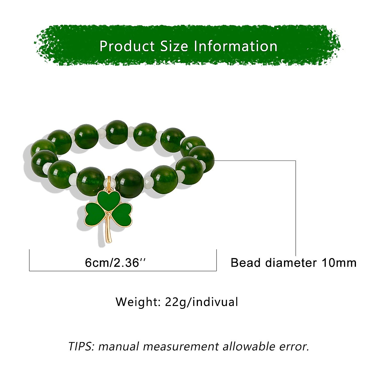 ALoveSoul Natural Agate Stone Lucky Clover Beaded Bracelet Shamrock Chram Bracelet St Patricks Day Party Accessories Decorations