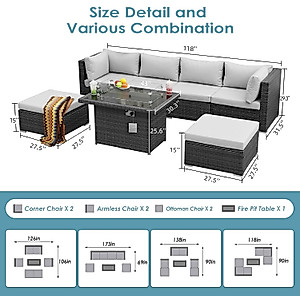 RADIATA PE Wicker Patio Furniture Set Sectional High Back Large Size Sofa Sets with Propane Fire Pit Table 55000 BTU Balcony Rattan Lounge Conversation Sets for Outdoor (7 Pieces,Light Gray)