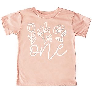 One Floral 1st Birthday Shirt for Baby Girls First Birthday Outfit White on Peach Shirt 12 Months