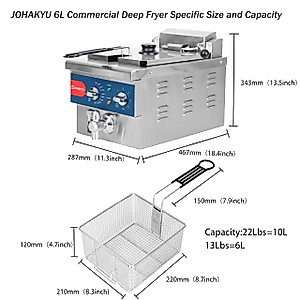 JOHAKYU 6L Commercial Deep Fryer with Basket, Electric Deep Fryer with Timer, Drain, Swung Up Fryer Head, 120v 1800w Electric Countertop Fryer Stainless Steel for Home and Restaurant Use