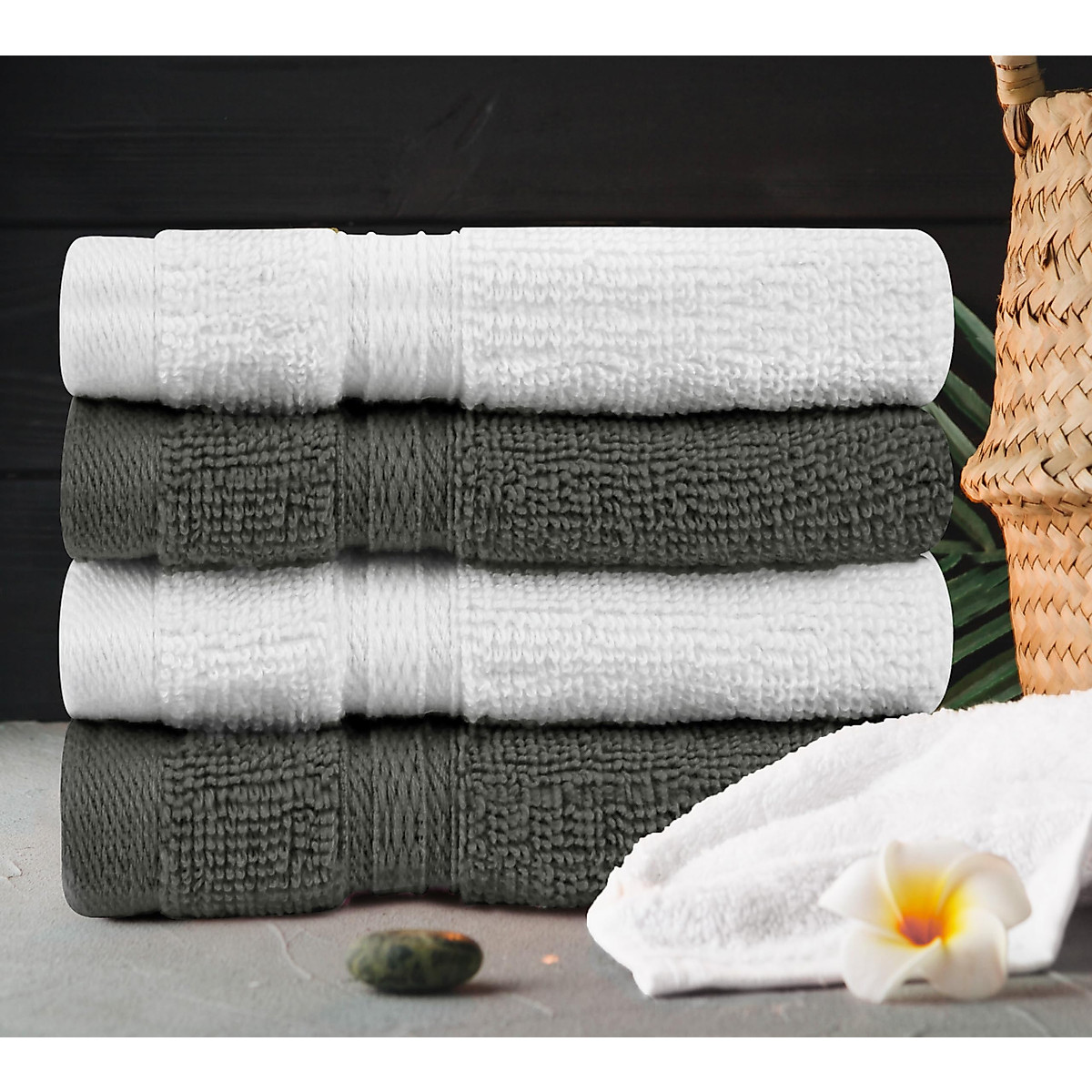 Towel and Linen Mart 100% Cotton - Wash Cloth Set - Pack of 4, Luxurious, Highly Absorbent and Soft Feel Perfect for Daily Use (12 x 12 4 PK White & Grey)