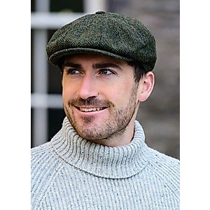 Mucros Weavers Newsboy Tweed Cap Irish Hat for Men's 8 Piece Flat Driving Cap Made in Ireland (Large, Green Herringbone)