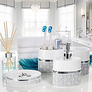 Creative Scents 4 Piece Bathroom Accessory Set - Bathroom Decor Set Accessories Includes: Liquid Soap Dispenser, Bar Soap Dish, Toothbrush Holder and Tumbler - Mirror Damask Style (White and Gray)
