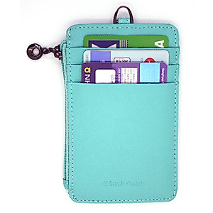 ID Credit Credit Card Holder Wallet Necklace Landyard Zipper Badge Case Genuine Leather Cute Women (Green)