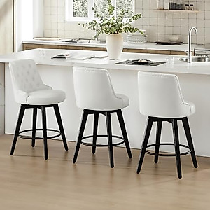 Watson & Whitely Modern Swivel Bar Stools, Faux Leather Upholstered Counter Height Bar Stool with Back, Solid Wood Legs, 26" H Seat, Set of 2, White