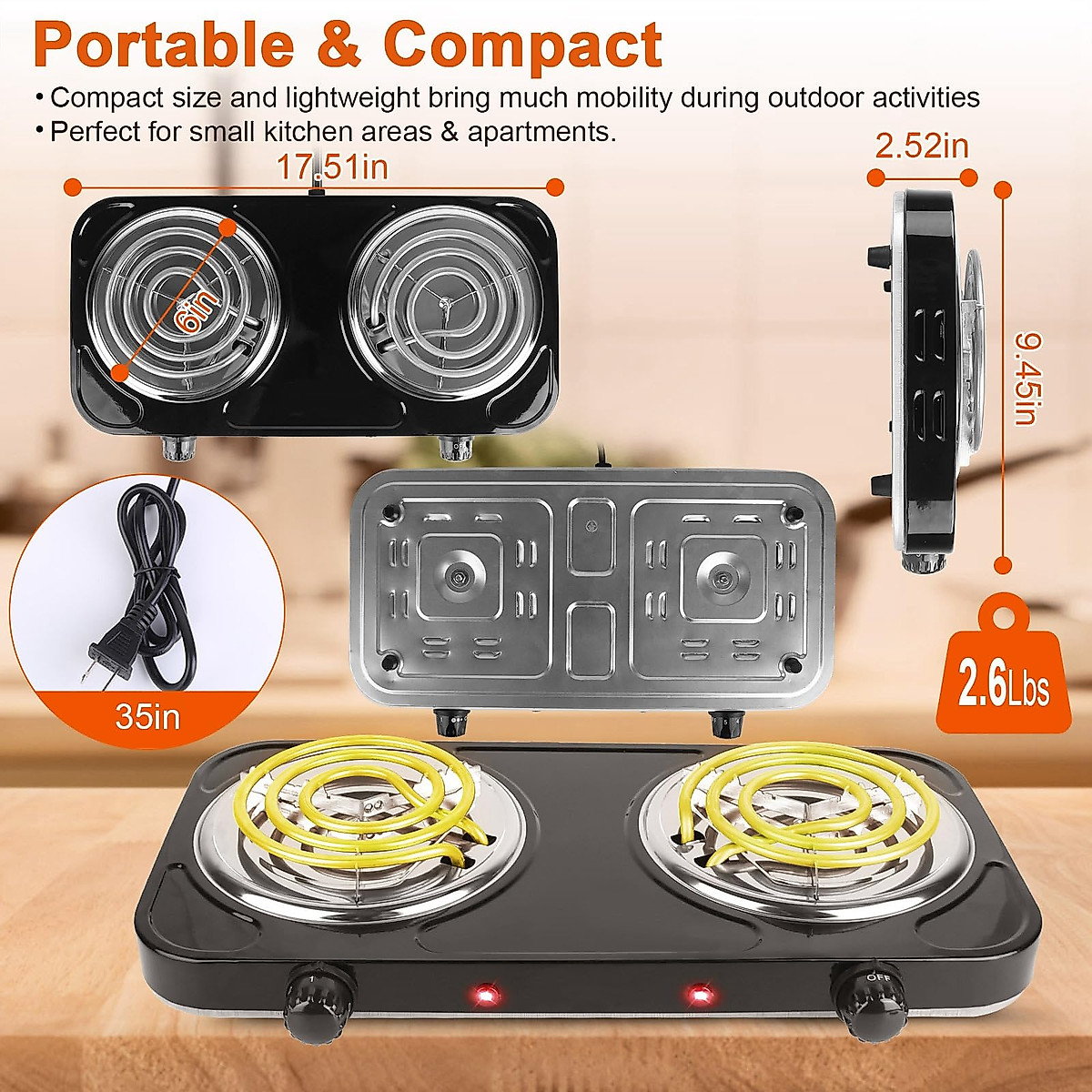 Countertop Burner, Electric Double Burners 2000 Watts, Hot Plate Cooktop with 5 Temperature Control, Non Slip Rubber Feet, Portable Coil Heating Stove Countertop RV Hotplate for Home or Dorm(Black 2)