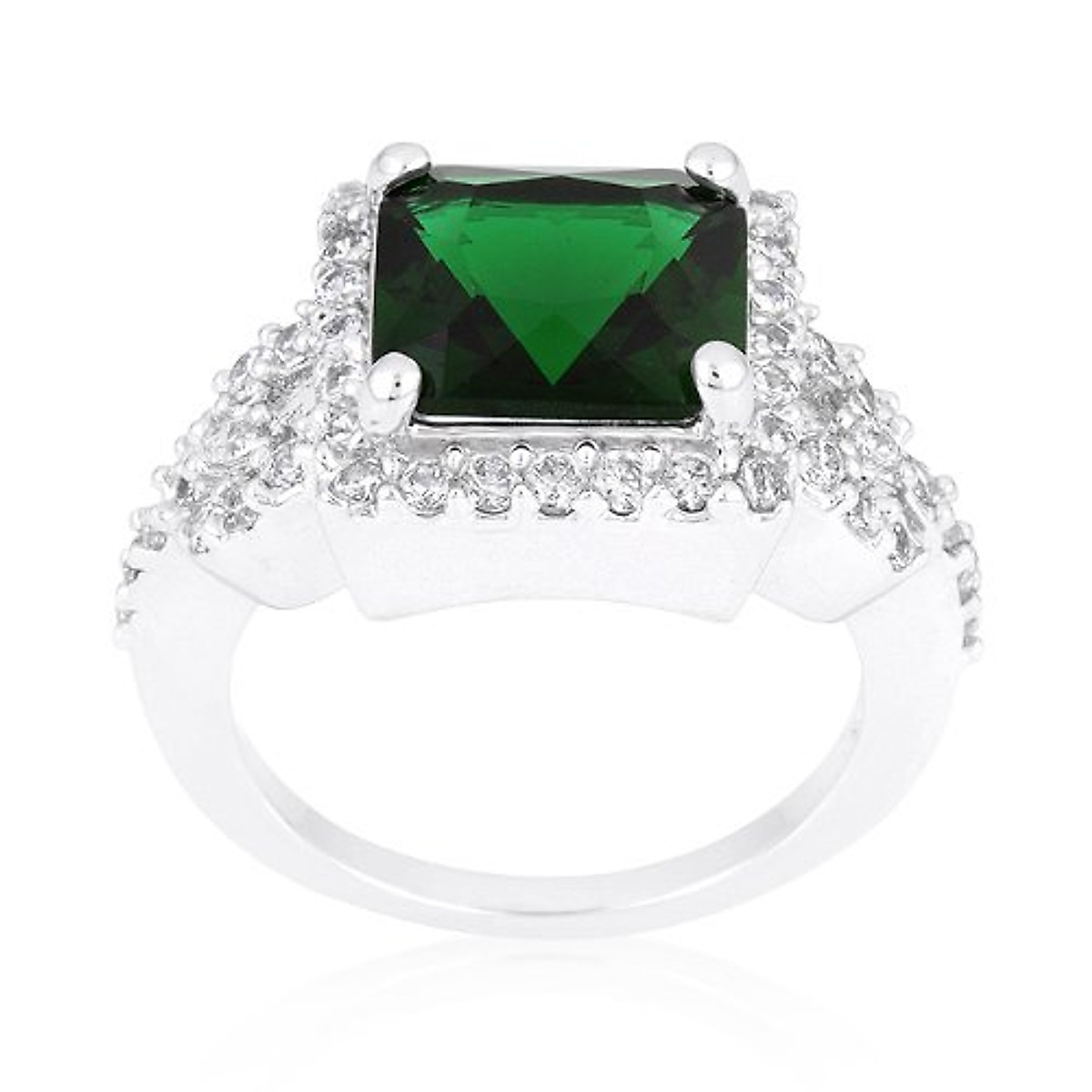 Kate Bissett Halo Style Engagement Ring with 10mm Princess Cut Emerald Green and Round Cut Clear CZ (9) Size 9