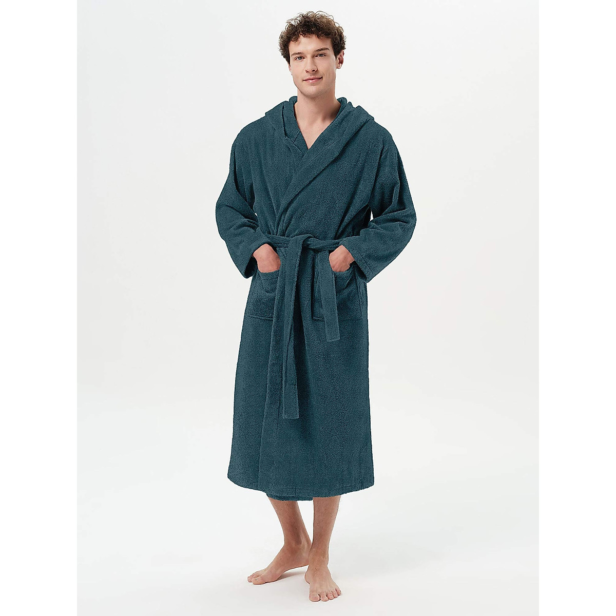 SIORO Terry Cloth Robes for Men Cotton Towel Hooded Bathrobe Long Bath Big & Tall Loungewear Bathroom Swimming Pool Bath Fluffy House Coat, Ink Blue X-Large