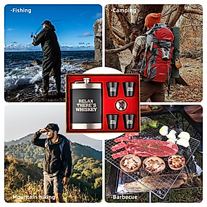 Hip Flask Gift Set for Men, Stainless Steel Leak-proof Engraved Flask for Liquor with 4 Cups and Funnel, Food-grade Black Flask, Gift Box for Wedding Party Groomsman Climbing Hiking Picnic
