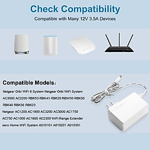 Juyoon 12V 3.5A Charger ac Adapter for Netgear Orbi WiFi System AC3000 AC2200 RBK53 RBK43 RBK20 RBW30 RBK50 RBK40 RBK852 RBK853, eero Home WiFi System A010101 A010201 A010301 Battery Charger