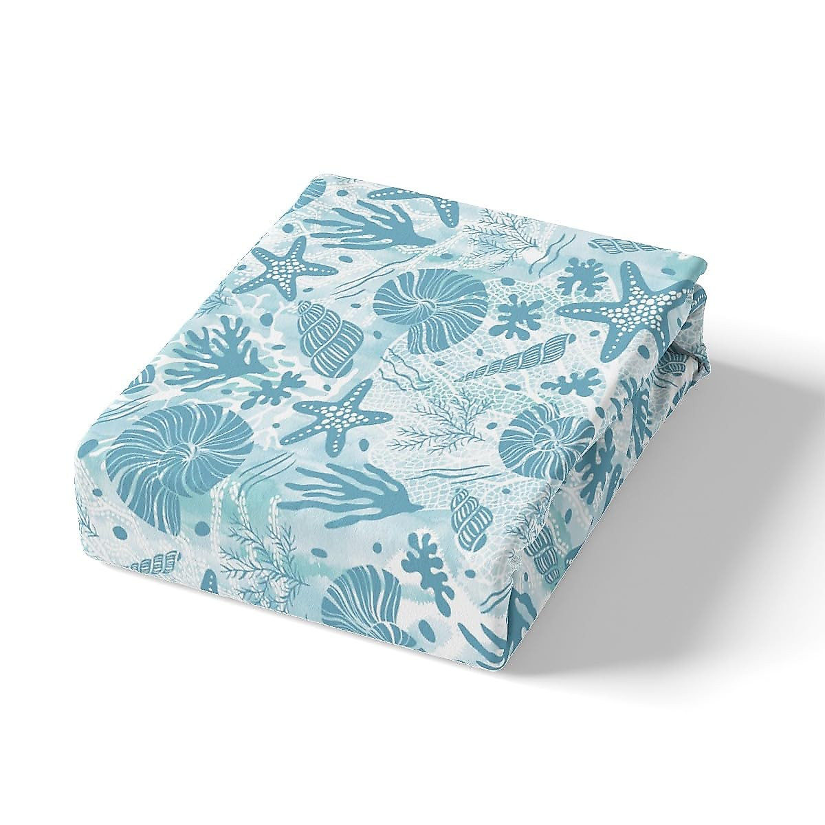 Seashell Conch Starfish Coral Fitted Sheet Queen Size,Coastal Ocean Beach Bedding Set 3Pcs,Underwater Life Print Bed Sheet Navy Blue Tie Dye Deep Pocket Sheet for Kids Teens Adult Bedroom Decor