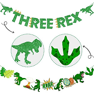 Dinosaur 3rd Birthday Decorations, 3 Rex Birthday Party Supplies - Three Rex Banner, Cake&Cupcake Toppers, Dinosaur Balloons,Temporary Tattoos for Roar I’m 3 Boys Girls Birthday