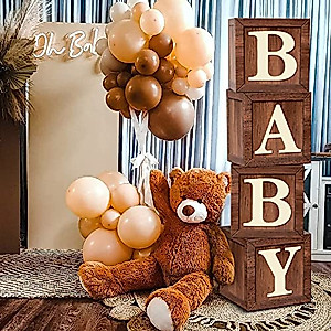 Wood Print Baby Shower Boxes for Teddy Bear Birthday Party Centerpiece - 4 Pcs Wood Grain Baby Cubes Rustic Baby Blocks with Letters, Brown Baby Shower Decorations