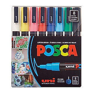 uni POSCA PC-3M Water-Based Paint Markers, Reversible Fine Tip, Assorted Colors, Pack Of 8 Markers