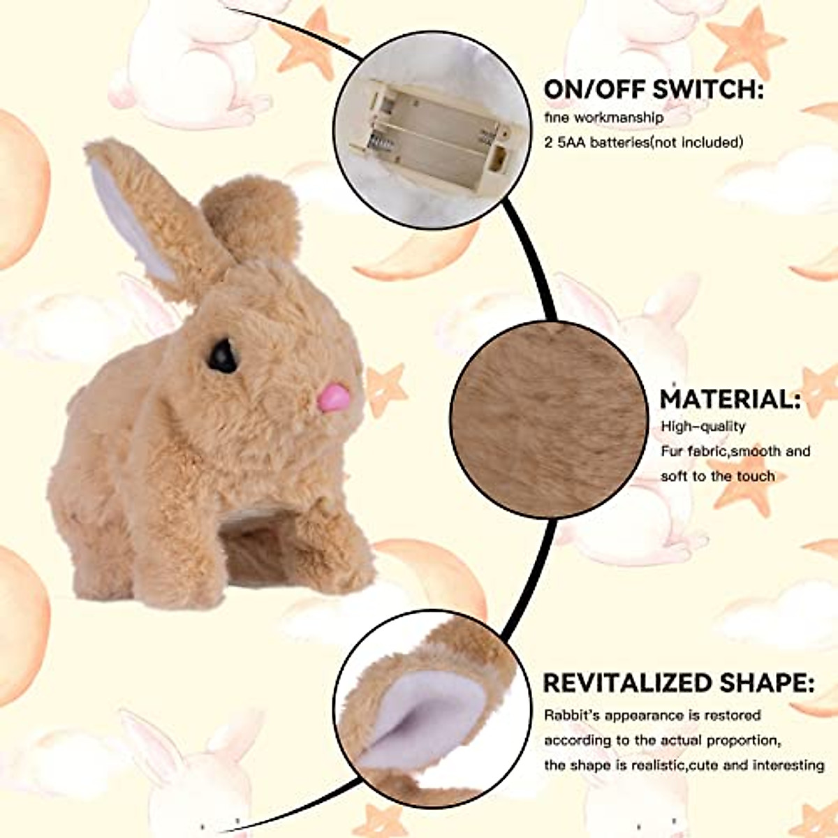 FESTIVALCOS Bunny Toys Interactive Toys Bunnies Can Walk and Talk, Easter Plush Stuffed Bunny Toy Walking Rabbit Educational Toys for Kids, Hopping Wiggle Ears Twitch Nose (Brown, with Carrot)