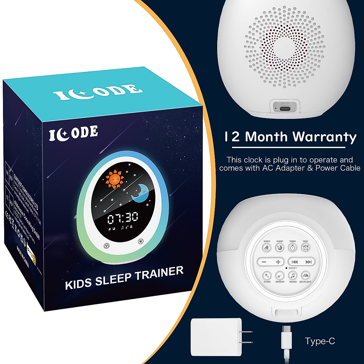 I·CODE Meteor Routine Helper Sleep Trainer, Kids Alarm Clock, Nursery Noise Machine & Night Light with Nap Timer for Younger Children